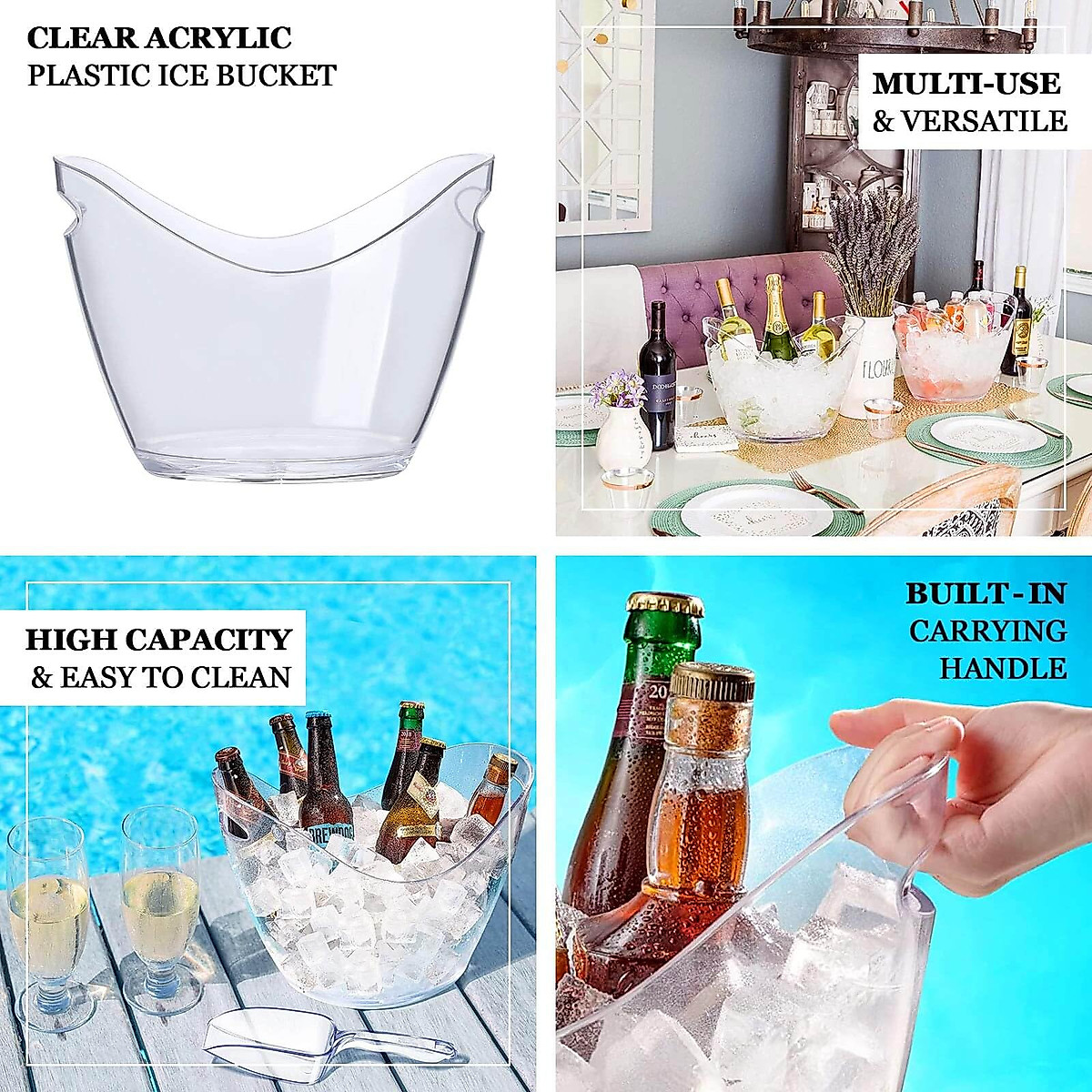 Efavormart Clear 7 Liter Plastic Ice & Drinks Bucket, Party Beverage Cooler Storage Tub with Handles