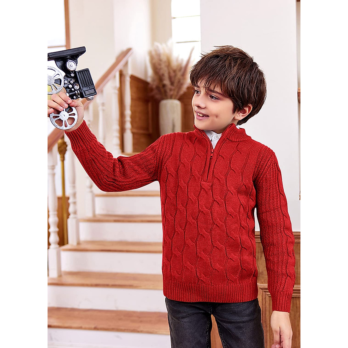 Ciaorbis Boys 1/4 Zip Pullover Sweater Long Sleeve Cable Knitted Sweater Winter Outfit for Baby Boys Girls Red