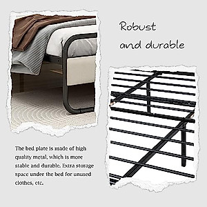 Tuconia Metal Platform King Size Bed Frame with Upholstered Headboard No Noise Easy Assembly Beige Linen