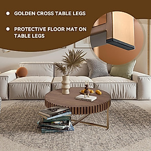 LKTART 31.5'' Round Coffee Table for Living Room, Solid Wood Handcraft Drum Coffee Table, Wooden Felief Coffee Table, Stainless Steel Legs Sturdy Pedestal Tea Table, Apartment Small Space,Walnut