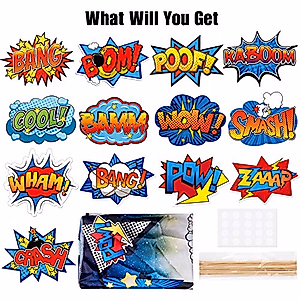 TMCCE Superhero Birthday Party Backdrop Supplies- Superhero Cityscape Photography Backdrop, 12 Superhero Photo Booth Props for Kids Superhero Birthday Party Decorations