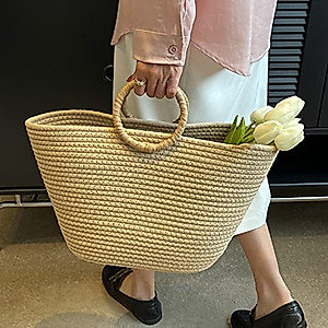 GETERUUV Beach Tote Bag Large Woven Designer Handbag for Women Woven Cotton Rope Tote Bag Aesthetic Top Handle Summer Beach Tote for Vacation Travel