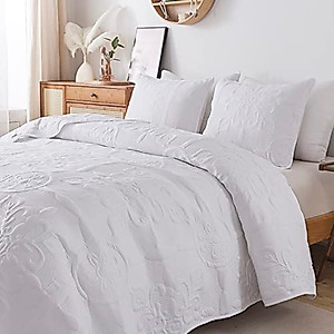 Damask Quilt Queen Size Bedding Sets with Pillow Shams, Boho Lightweight Soft Bedspread Coverlet, White Quilted Blanket Thin Comforter Bed Cover for All Season Spring Summer, 3 Pieces, 90x90 inches
