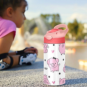Cute Pig Kids Water Bottle, Vacuum Insulated Stainless Steel, Double Walled Leakproof Tumbler Travel Cup for Girls Boys Toddlers, 12 oz