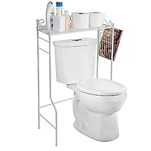 MyGift White Metal Bathroom Over The Toilet Shelf with Magazine Basket, Space Saver Freestanding Storage Organizer Rack