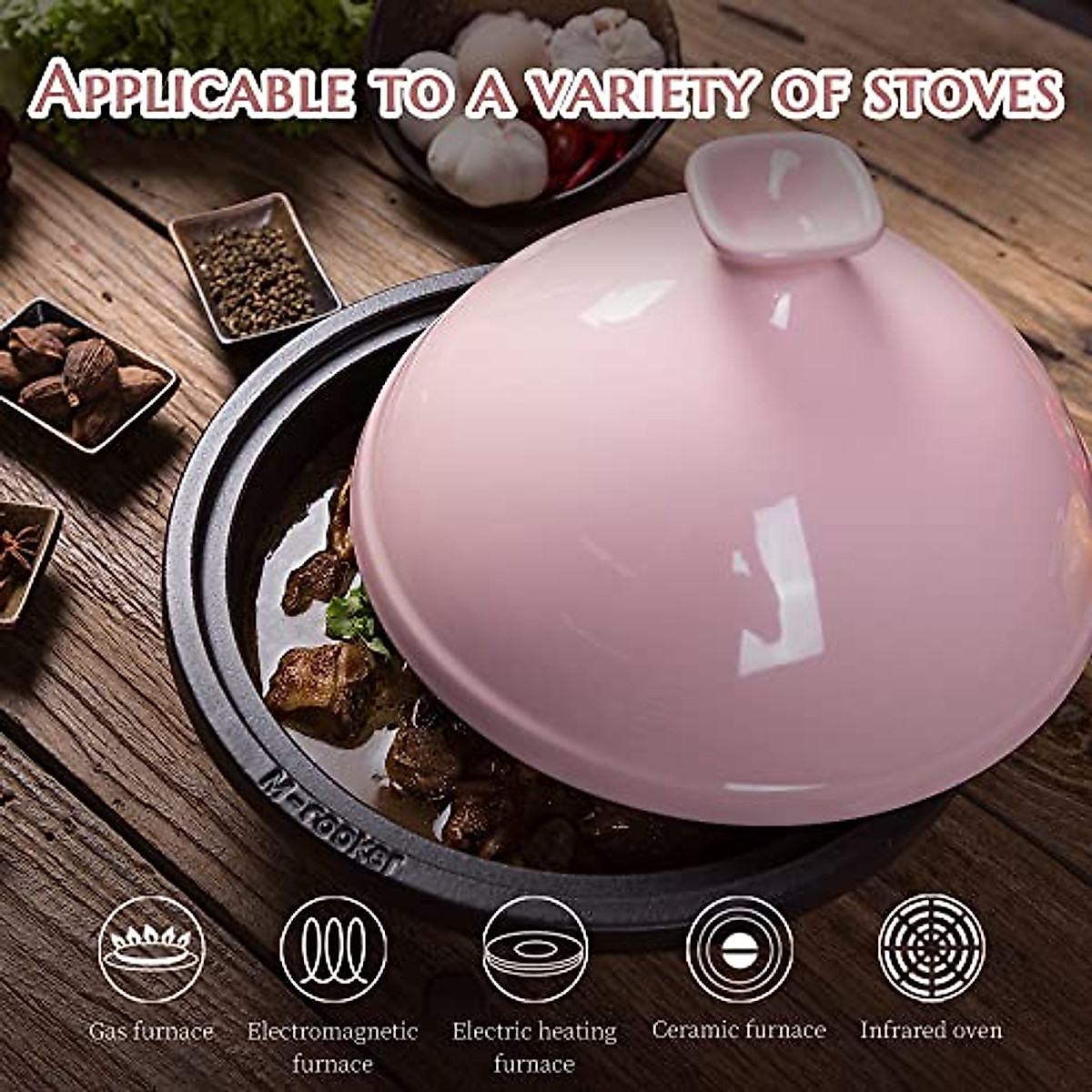 M-Cooker Tagine Pot - 5.5-Quart Moroccan Tajine with Cast Iron Base and Ceramic Cone-Shaped Lid, High-Quality Cookware- Pink