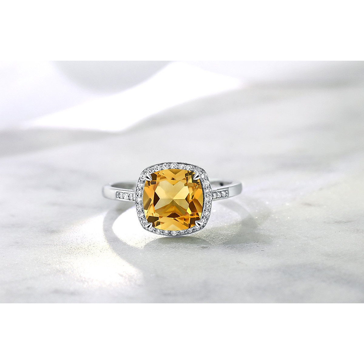 Gem Stone King 10K White Gold Cushion Cut 8MM Gemstone Birthstone and Accent Diamonds Halo Engagement Ring For Women | Wedding Anniversary Promise Ring For Women | Available In Size 5, 6, 7, 8, 9