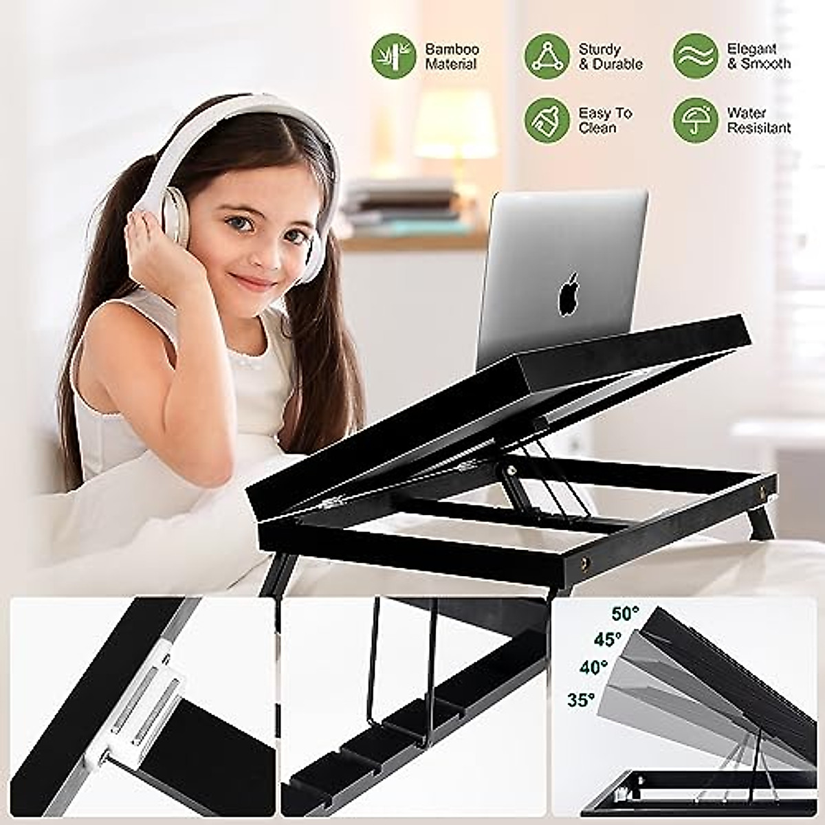 Greenual Bed Tray Table Breakfast Food Tray with Folding Legs Serving Tray for Laptop Desk, Bed, Sofa, Platters, TV, Snack, Eating Tray(Black, Medium)