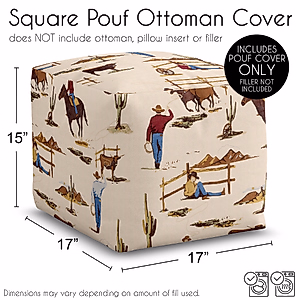 Sweet Jojo Designs Tan Brown Western Cowboy Boy Ottoman Pouf Cover Unstuffed Poof Floor Footstool Square Cube Pouffe Storage Baby Nursery Kids Room Wild West Southern Charm Horse Cow Animal Red White