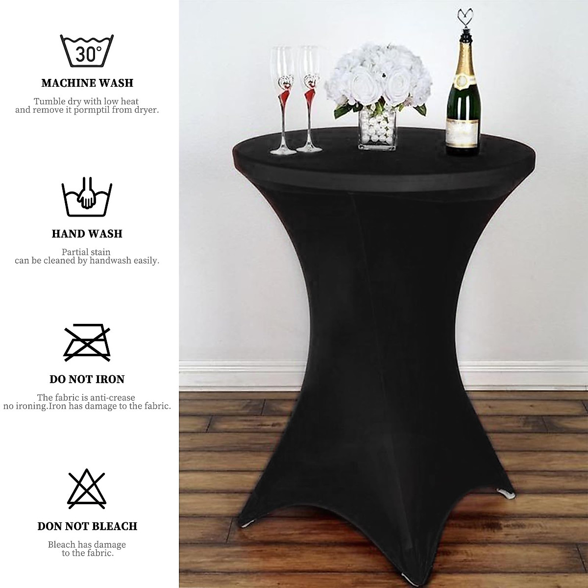 LOKUME 4 Pack Cocktail Spandex Stretch Square Corners Tablecloth 32" x 43" Black Cocktail Table Covers, Fitted High Top Spandex Cocktail Table Tablecloth for Bar Wedding Cocktail Party Banquet