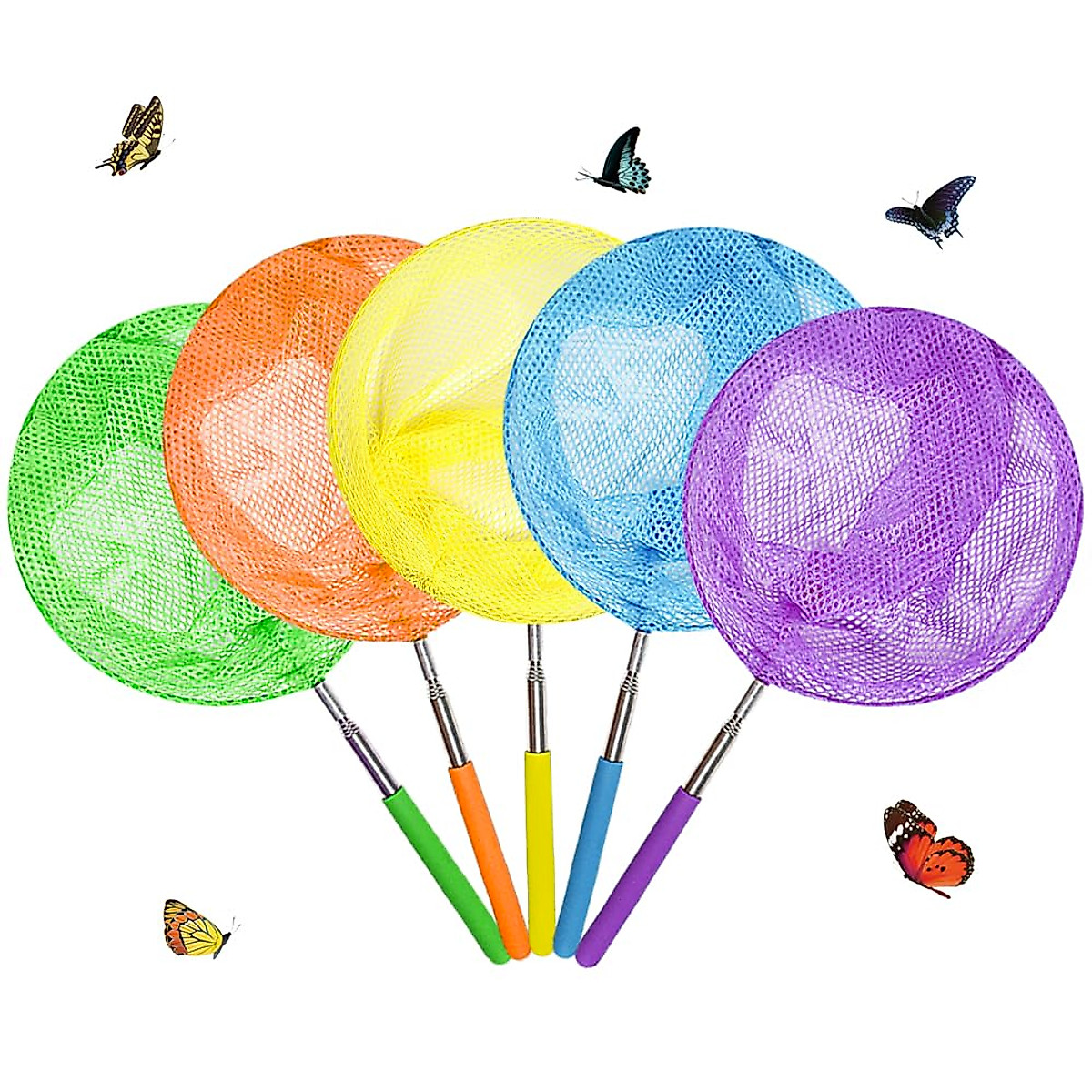 USATDD Kids Telescopic Butterfly Fishing Nets Great for Catching Insects Bugs Fish Caterpillar Ladybird Nets Outdoor Tools Colorful Extendable 34" Inch (5 Pack)