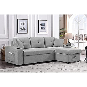 GAOPAN Modern Linen Sectional Sleeper Sofa Bed Convertible L-Shape Couch with Storage Chaise Lounge,Side Pockets,Cup Holders,2 Pillows for Living Room Apartment Furniture, Light Gray
