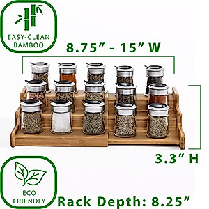 Seville Classics Bamboo Premium Wood 3-Tier Step Shelf Spice & Seasoning Storage Rack Organizer for Kitchen, Cabinet, Countertop, Pantry, Bathroom, Salon, Adjustable Expandable 8.5"-15" W Single