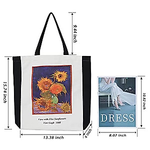 Sanmuci Canvas Tote Bag, Aesthetic Pattern Zipper Tote Bag, Reusable Oversized Plus Inside Pocket Grocery Bag, Supermarket, Beach, Van Gogh - Vase with Five Sunflowers