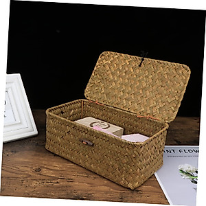 Straw Storage Basket with Lid Rattan Woven Desktop Organizer for Clothes Sundries and Home Decor