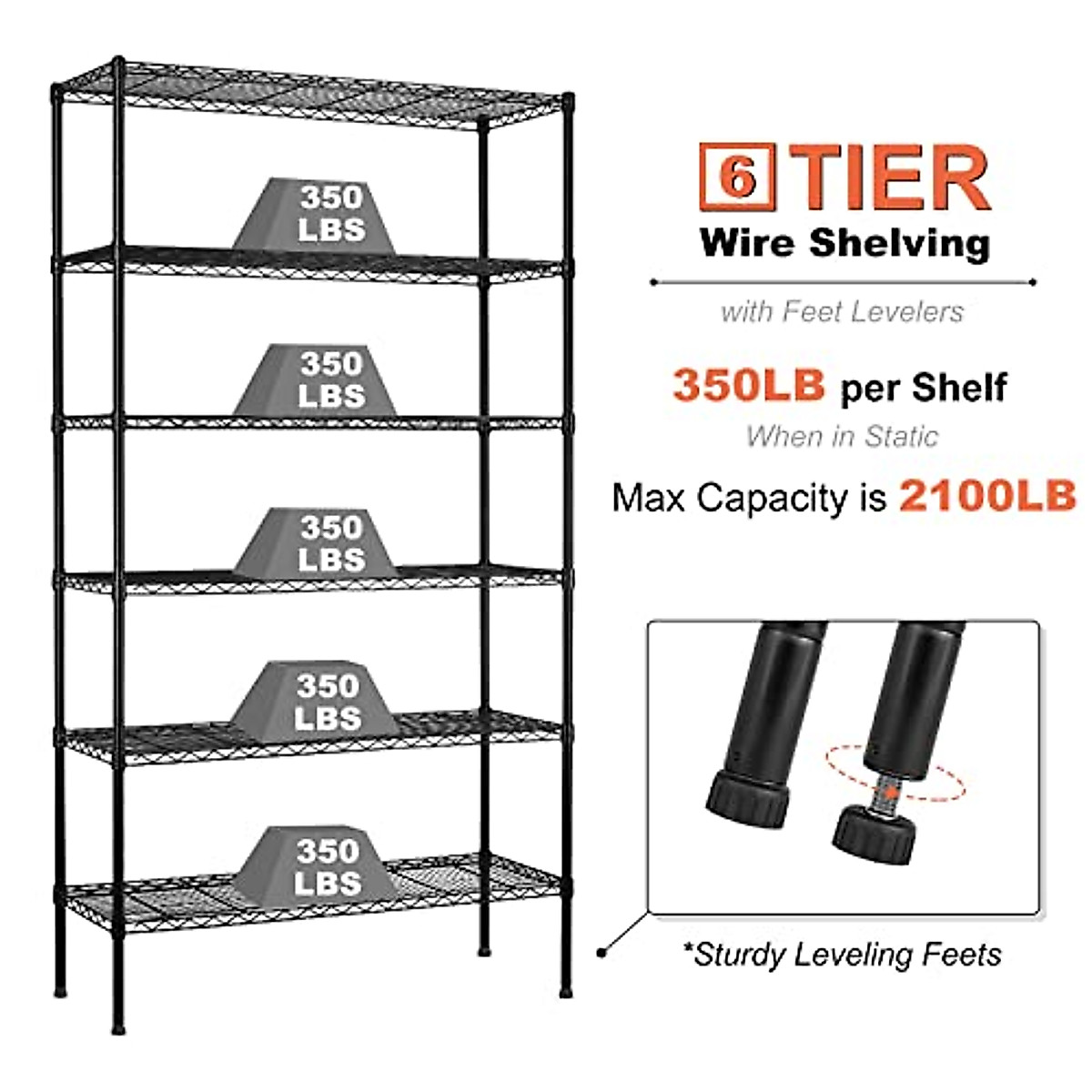 6 Shelf Wire Shelving Adjustable Storage Shelves Steel Wire Rack Metal Shelf 2100Lbs Capacity Standing Storage Shelf Units for Laundry Kitchen Garage Pantry Closet ( Black, 48" L x 18" W x 82")