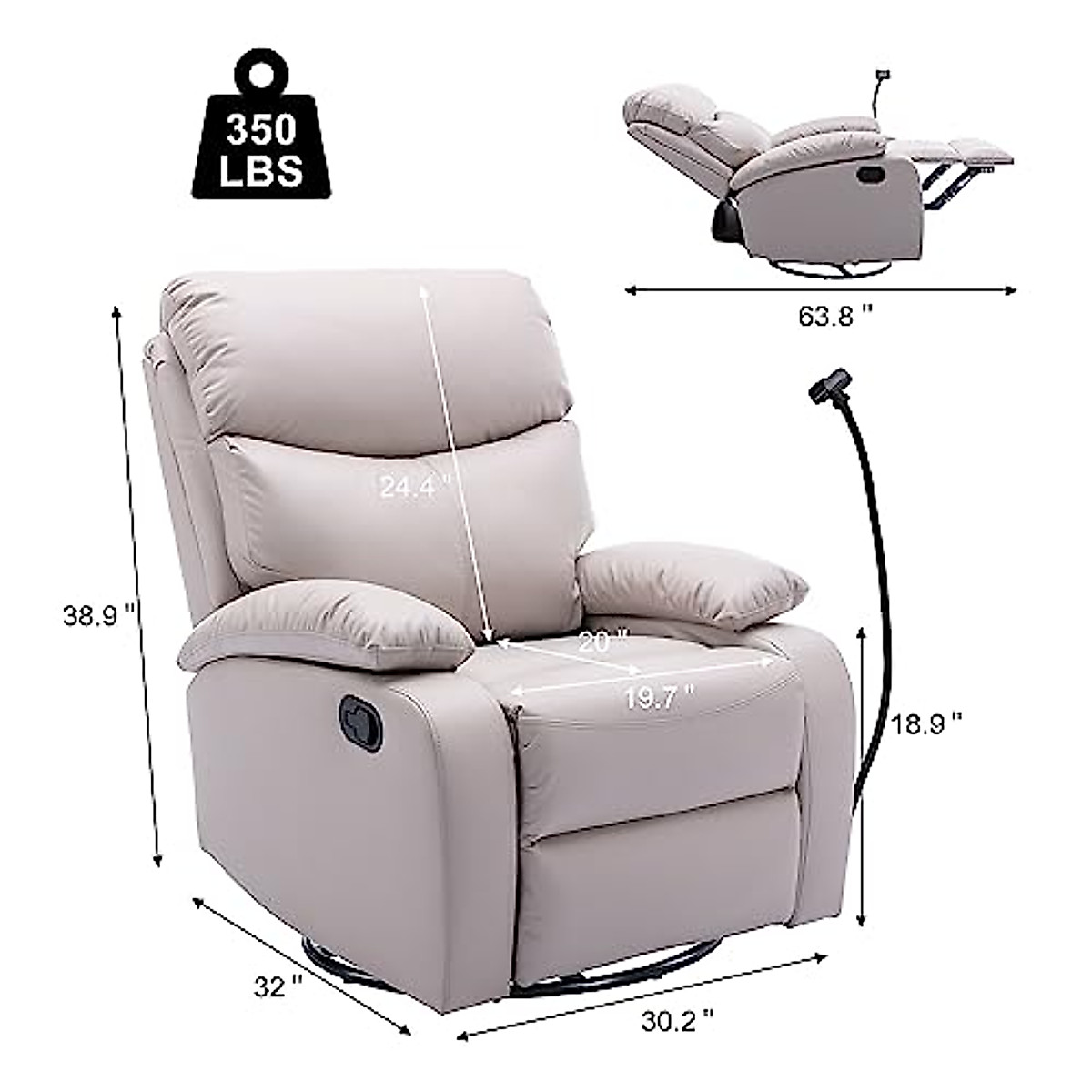 GNMLP2020 Rocker Swivel Recliner Chair, Rocking Recliner Chair Made of Microfiber Technical Leather,Manual Small Recliner Easy to Operate The Recline -Beige