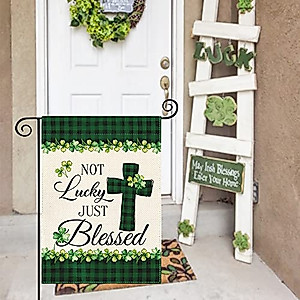 AVOIN colorlife Lucky Clover St Patricks Day Garden Flag Double Sided, Buffalo Plaid Rustic Farmhouse Shamrock Yard Outdoor Flag 12x18 Inch