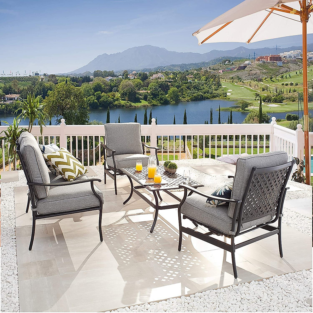PatioFestival Patio Conversation Set 4-Piece Cushioned Outdoor Furniture Sets with All Weather Frame for Porch Backyard Lawn(Grey)
