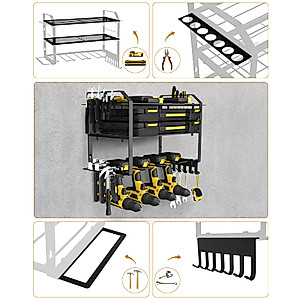 Affogato Power Tool Organizer, 3 Layers Drill Holder Wall Mount, Power Tool Organizer Wall Mount, Power Tool Holder Garage Tool Rack with 4 Side Tool Rack