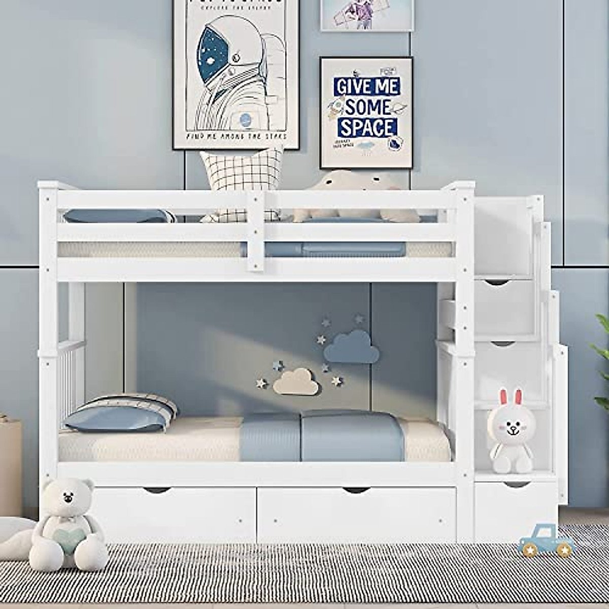 Harper & Bright Designs Full Over Full Bunk Bed with Stairs for Adults,Wooden Full Bunk Beds with 6 Storage Drawers and Shelves, Detachable Full Size Bunk Beds for Teens,Kids,Boys & Girls,White