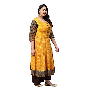 Yash Gallery Plus Size Cotton Geometric Print 3/4 Sleeve Round Neck Anarkali Kurta (Mustard Yellow, 3XL)