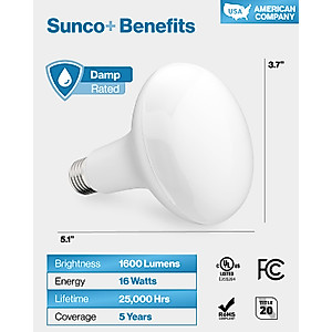 Sunco 12 Pack BR30 LED Bulbs 1600 Lumens, Indoor Flood Lights 16W Equivalent 100W 5000K Daylight E26 Base, Interior Dimmable Recessed Can Light Bulbs - UL Listed