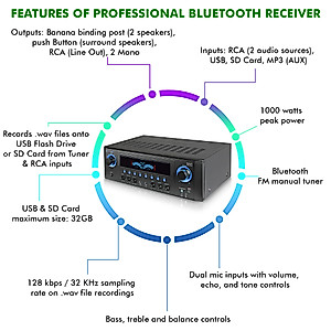 Technical Pro Professional 1000 Watts Receiver with USB SD Card Inputs, 2 Mic Inputs, Recorder, and Wireless Remote