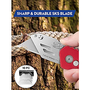 Utility Knife, BIBURY Upgraded Version Heavy Duty Box Cutter, Pocket Carpet knife with 10 Replaceable SK5 Stainless Steel Blades, Belt Clip, Easy Release Button, Quick Change and Safety Lock-Red