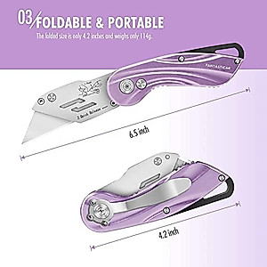 FantastiCAR Purple Folding Utility Knife Gift Box Cutter Lightweight StreamlineType Body and 100 SK5 Blades Dispenser Storage