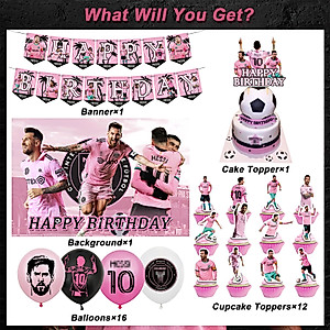 Kozrlib Soccer Star Theme Birthday Party Decorations 31Pcs Pink Miaami Football Party Supplies Including Banner Cake Topper Cupcake Toppers Balloons Background