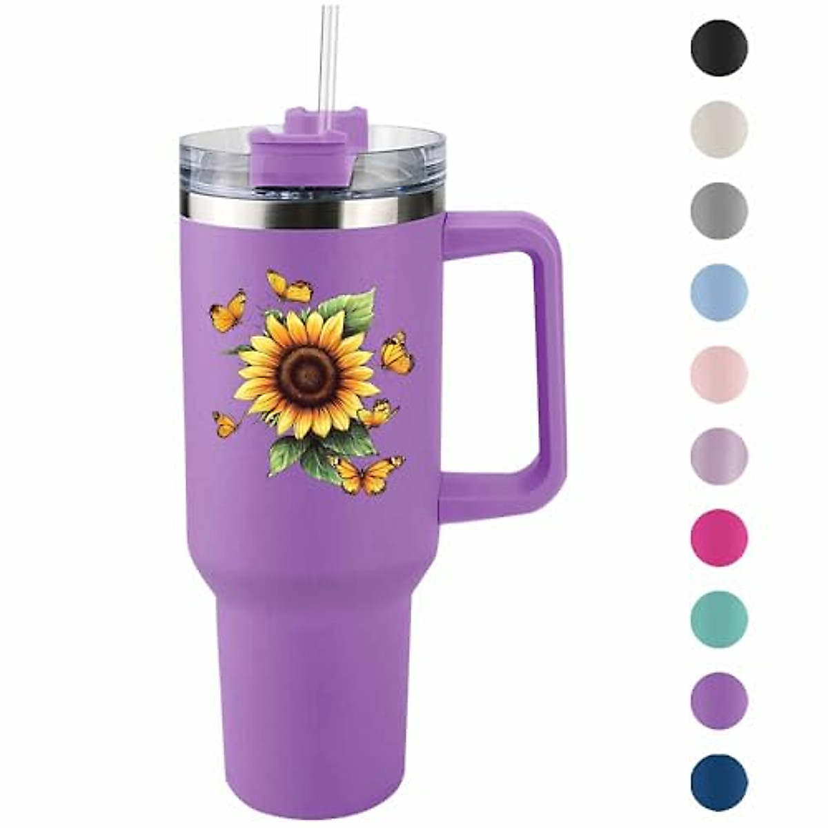 LB LEOBON 40 ounce insulated cup with handle, double-layer vacuum stainless steel material, equipped with straw, can keep warm or maintain cold drinks Spring Flowers Deep purple