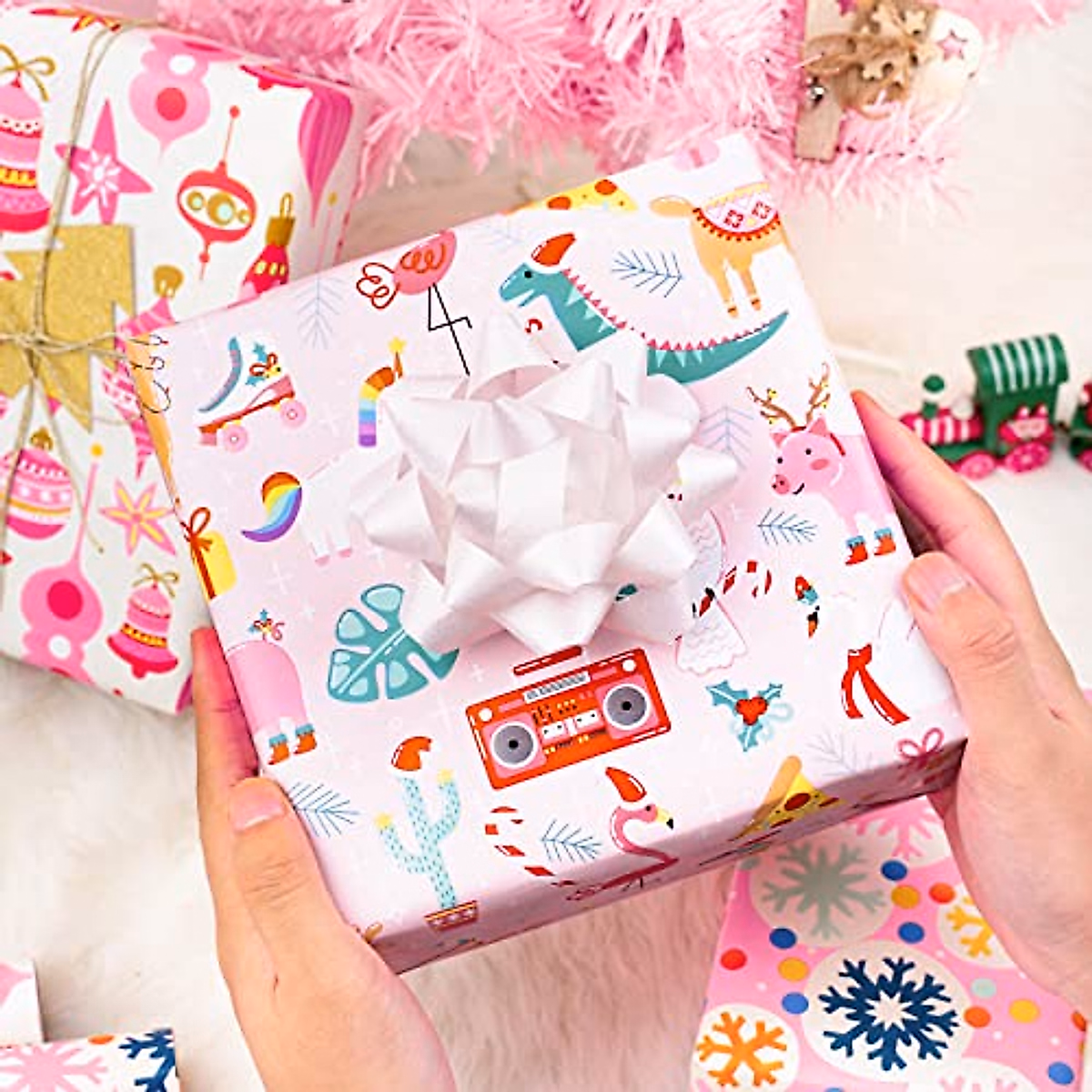 MAYPLUSS Christmas Wrapping Paper Roll - Mini Roll - 17 inch X 120 inch Per roll - 3 Different Pink Design (42.3 sq.ft.ttl)