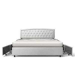 BONSOIR King Size Storage Bed Frame Sand Color Upholstered Low Profile Traditional Platform with Tufted and Nail Headboard