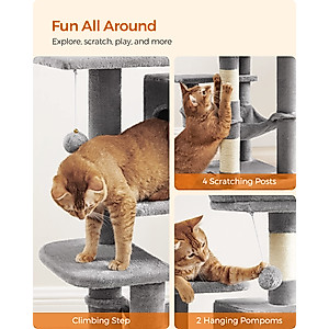 Feandrea Cat Tree, 44.1-Inch Cat Tower for Indoor Cats, Multi-Level Cat Condo with 4 Scratching Posts, 2 Perches, Hammock, Cave, Light Gray UPCT261W01