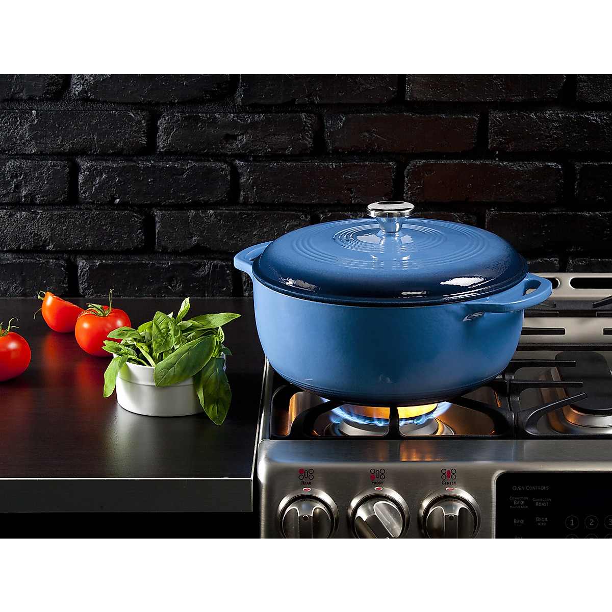 Lodge EC7D33 Enameled Cast Iron Dutch Oven, 7.5-Quart, Caribbean Blue & EC8ST13 Enameled Cast Iron, 8 Inch, Oyster Trivet