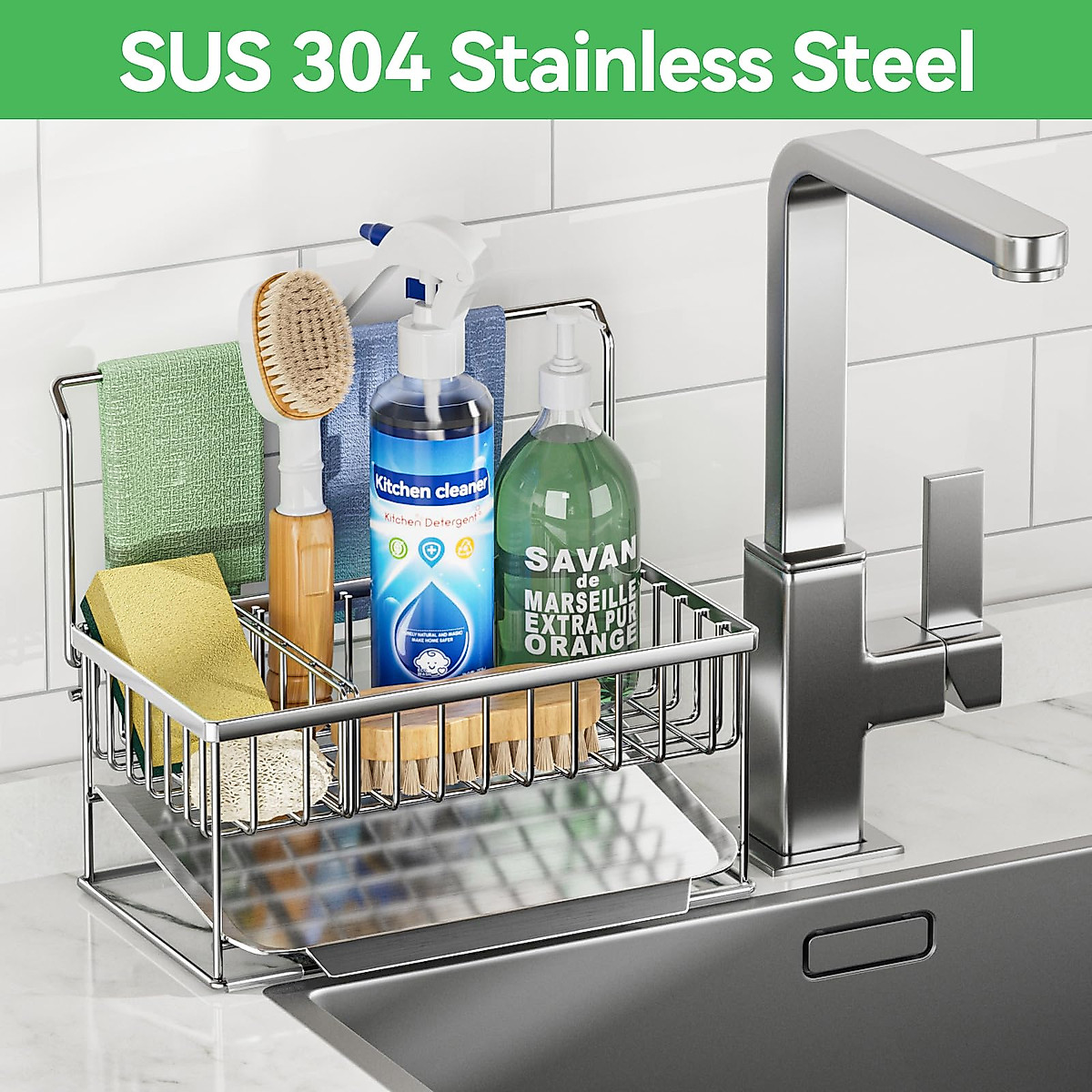 JANE EYRE Kitchen Sink Caddy - Sponge Brush Holder with Removable Slope Drip Tray SUS304 Stainless Steel Rustproof Sink Rack,(H) 9 in x (D) 5.5 in x (L) 9.84 in (Silver)