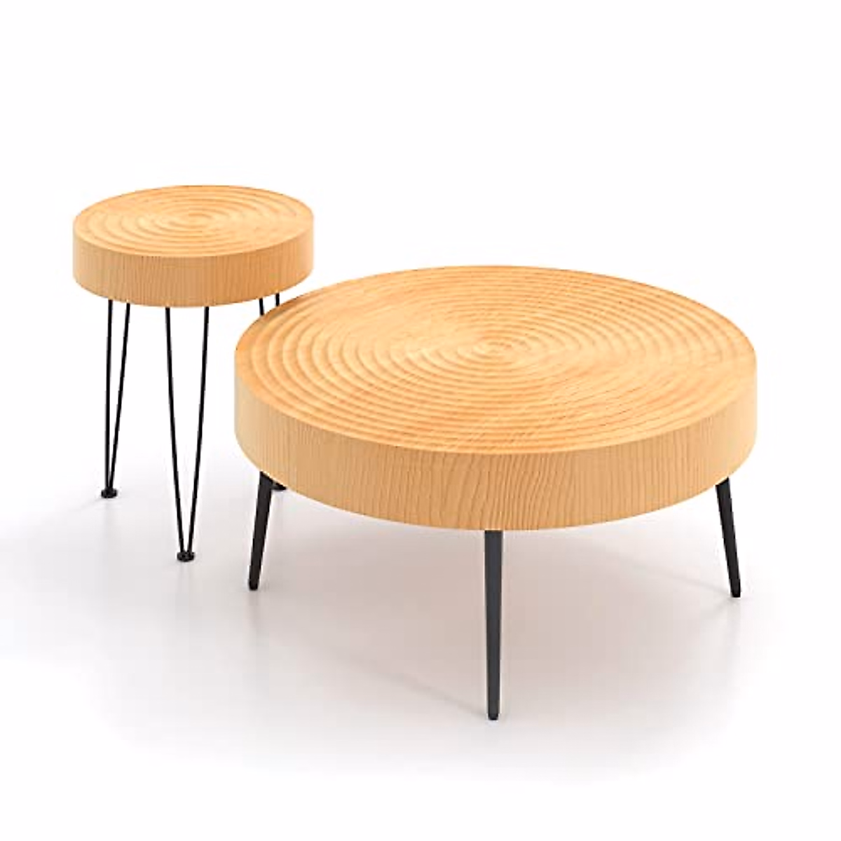 GOFLAME Round Coffee Table Set of 2, Farmhouse Boho End Tables with Natural Finish & Wood Ring Motif, Solid Wood Nesting Side Tables with Metal Legs & Adjustable Foot Pads for Living Room, Bedroom