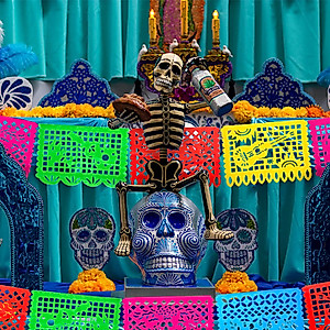 FUTUREPLUSX Mexican Party Banner, 18 Feet Plastic Day of The Dead Papel Picado Banner Cinco De Mayo Decorations Mexican Fiesta Garland for Party Supplies