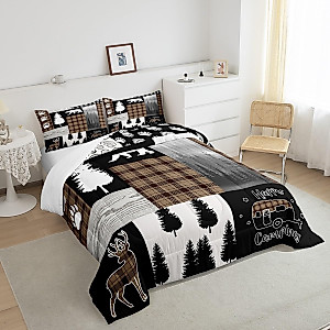 Bear Kids Comforter Set Full Size,Deer Hunting Woodland Rustic Cabin Bedding Set for Boys Girls Adult,Camping Adventure Geometric Plaid Patchwork Down Comforter,Pine Tree Xmas Duvet Insert Brown Black