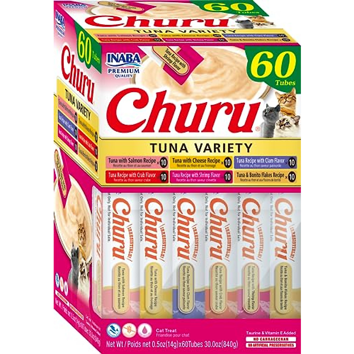 INABA Churu Cat Treats, Grain-Free, Lickable, Squeezable Creamy Purée Cat Treat/Topper with Vitamin E & Taurine, 0.5 Ounces Each Tube, 60 Tubes, Tuna Variety Box