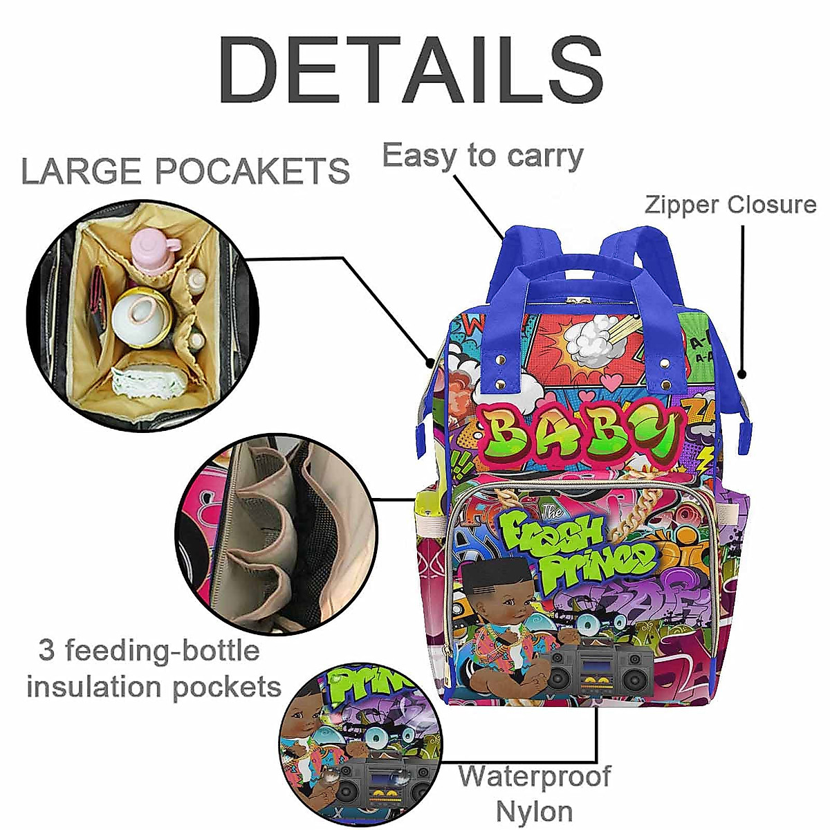 Artsadd Custom Diaper Bag Backpack with Hip Hop, Personalized Name Graffiti Retro Music Boy's Mommy Bags Baby Girl Boy Diaper Bags, Waterproof Nappy Travel Daypack for Dad Mom Gifts