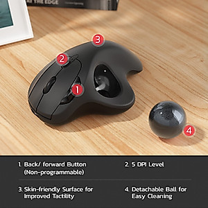 Nulea M501 Wireless Trackball Mouse, Rechargeable Ergonomic, Easy Thumb Control, Precise & Smooth Tracking, 3 Device Connection (Bluetooth or USB), Compatible for PC, Laptop, iPad, Mac, Windows