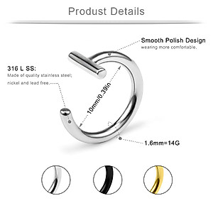 Ruifan 14G T Shaped Stainless Steel Gothic Clip on Non piercing Double Fake Cuff Lip Nose Ring Septum Hoop Women Girls Men 6pcs - Mix Color 1#