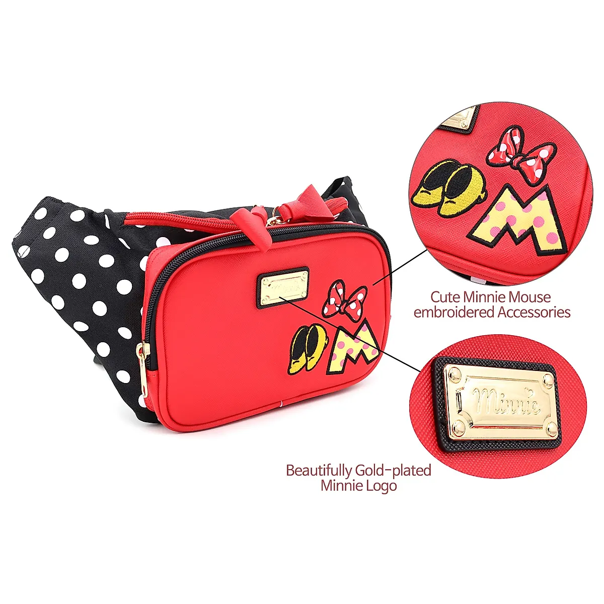 Minnie Ribbon Travel Bow Fanny Pack Crossbody Chest Waist Bum Sling Hip Belt Weekender Bag Cute Mouse Ear Faux Leather Purse Accessories Gift for Women Adult, Officially Licensed (Large)