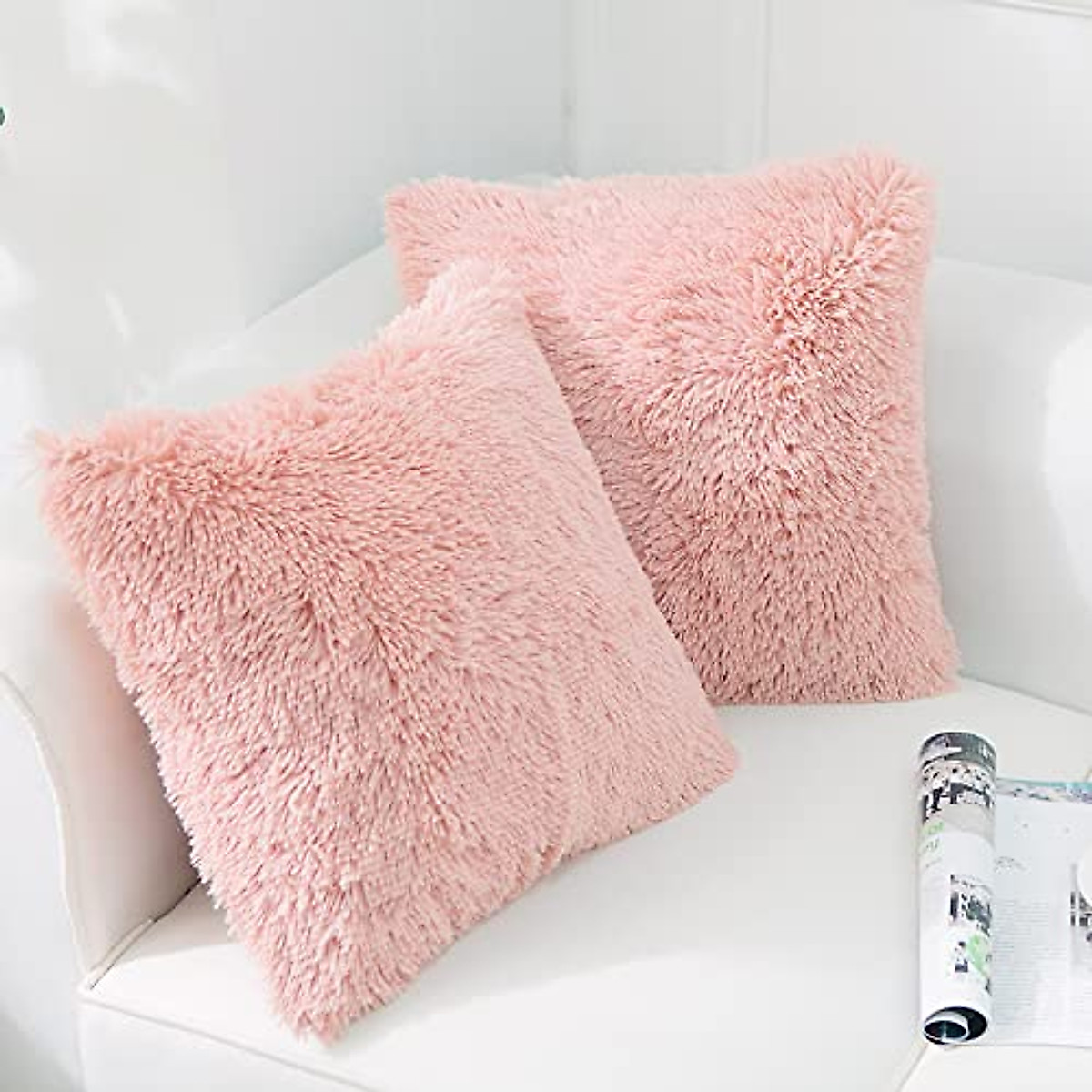 NordECO HOME Luxury Soft Faux Fur Fleece Cushion Cover Pillowcase Decorative Throw Pillows Covers, No Pillow Insert, 18" x 18" Inch, Pink, 2 Pack