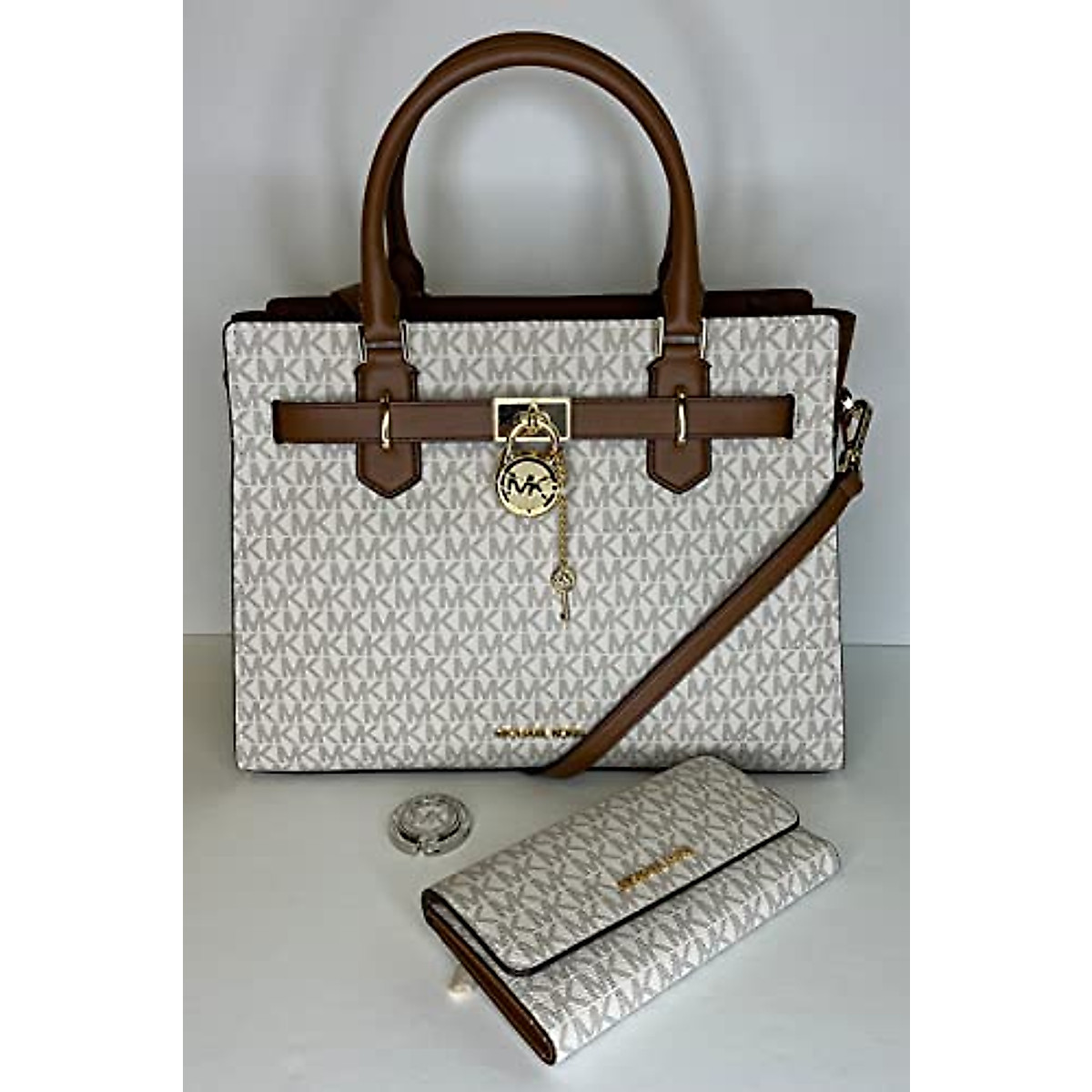MICHAEL Michael Kors Hamilton MD Satchel bundled with Trifold Wallet and Purse Hook (Signature MK Vanilla/MK Vanilla)