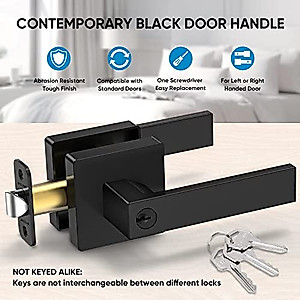 TICONN Door Handle Heavy Duty, Reversible Square Door Lever for Bedroom, Bathroom and Rooms (Black, Keyed Entry - Not Keyed Alike)