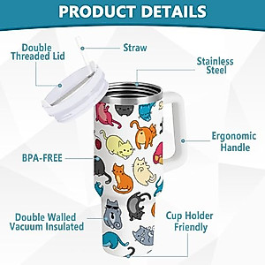 MCHIVER Cats White 40 oz Tumbler with Handle and Straw Stainless Steel Vacuum Water Bottle Leak-proof Travel Coffee Mug Thermos Water Bottle for Hot Cold Beverages