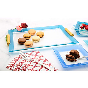 GAC Unique Design Blue Rectangular Tempered Glass Serving Tray with Wooden Handles – 10x14 Inch – Break Resistant – Dishwasher Safe - Attractive Colored Serving Platter